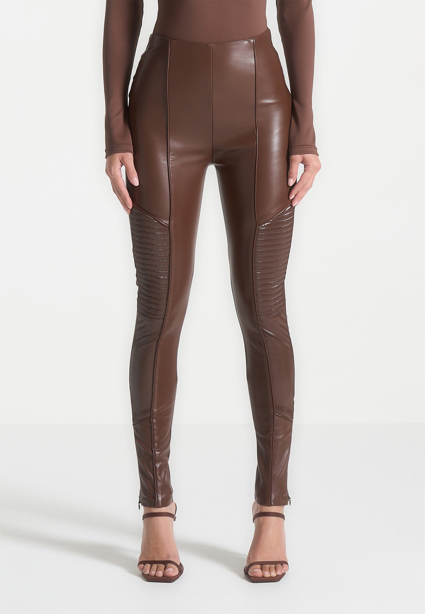 Leather Patent Ribbed Leggings Brown