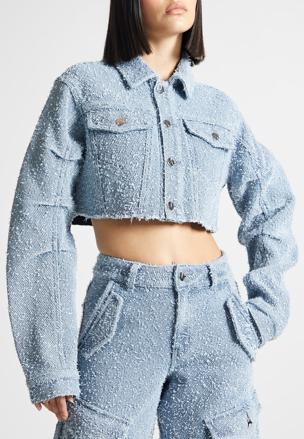 High Waisted Boucle Denim Cargo Pants - Mid Blue | Manière De Voir
