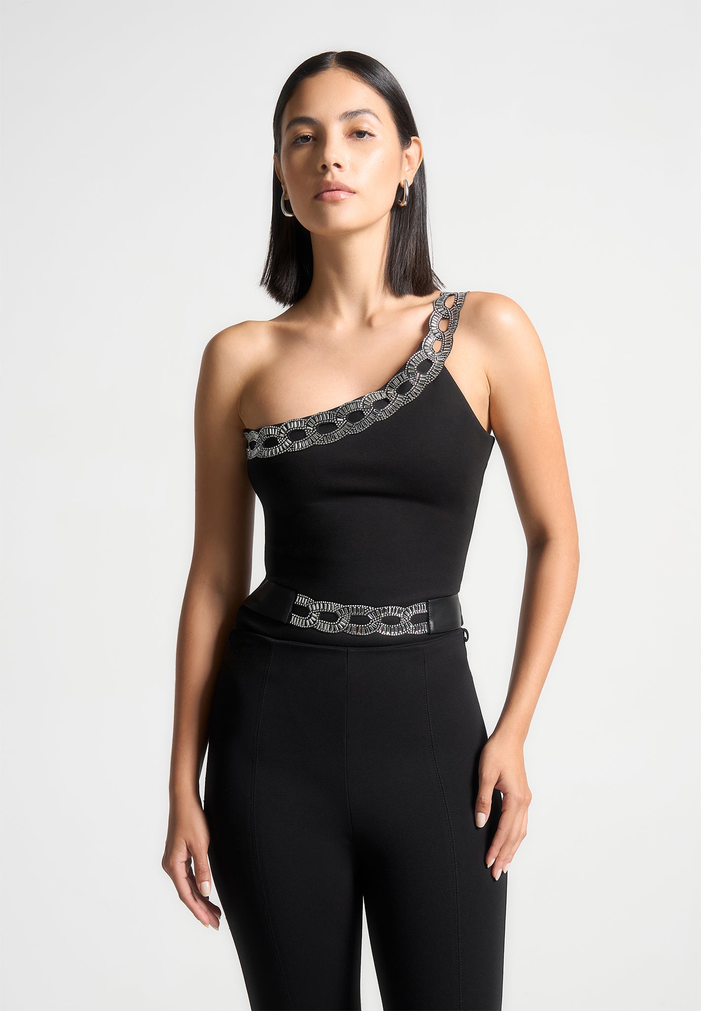 Embellished One Shoulder Bodysuit - Black | Manière De Voir