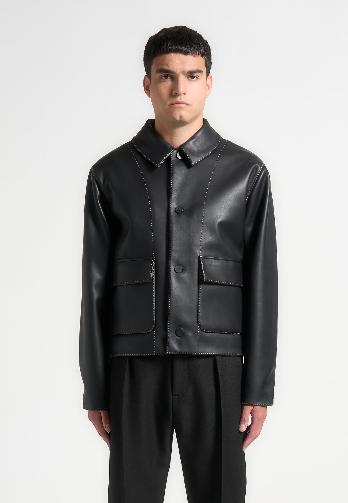 Leather Contrast Stitch Jacket - Black | Manière De Voir